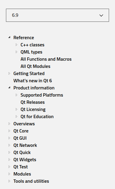 Navigation in Qt 6.9 documentation