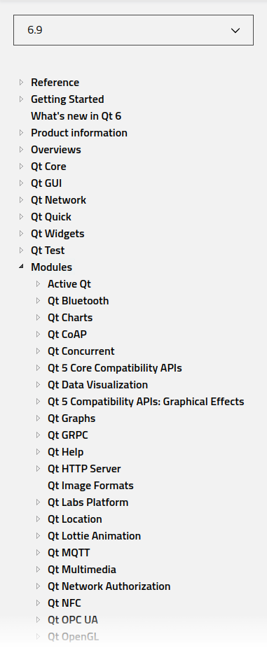 Navigation in Qt 6.9 documentation